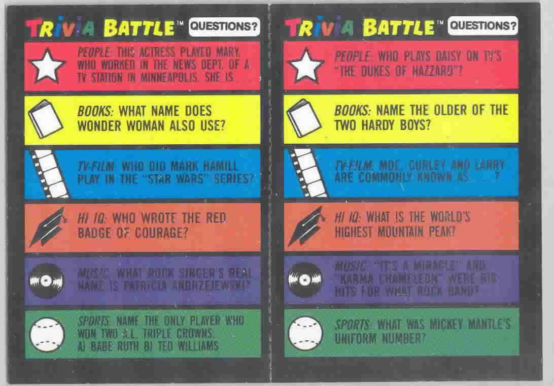 1984 Topps Trivia Battle Sports Trivia Full 2 Card Panels 133-264 You ...